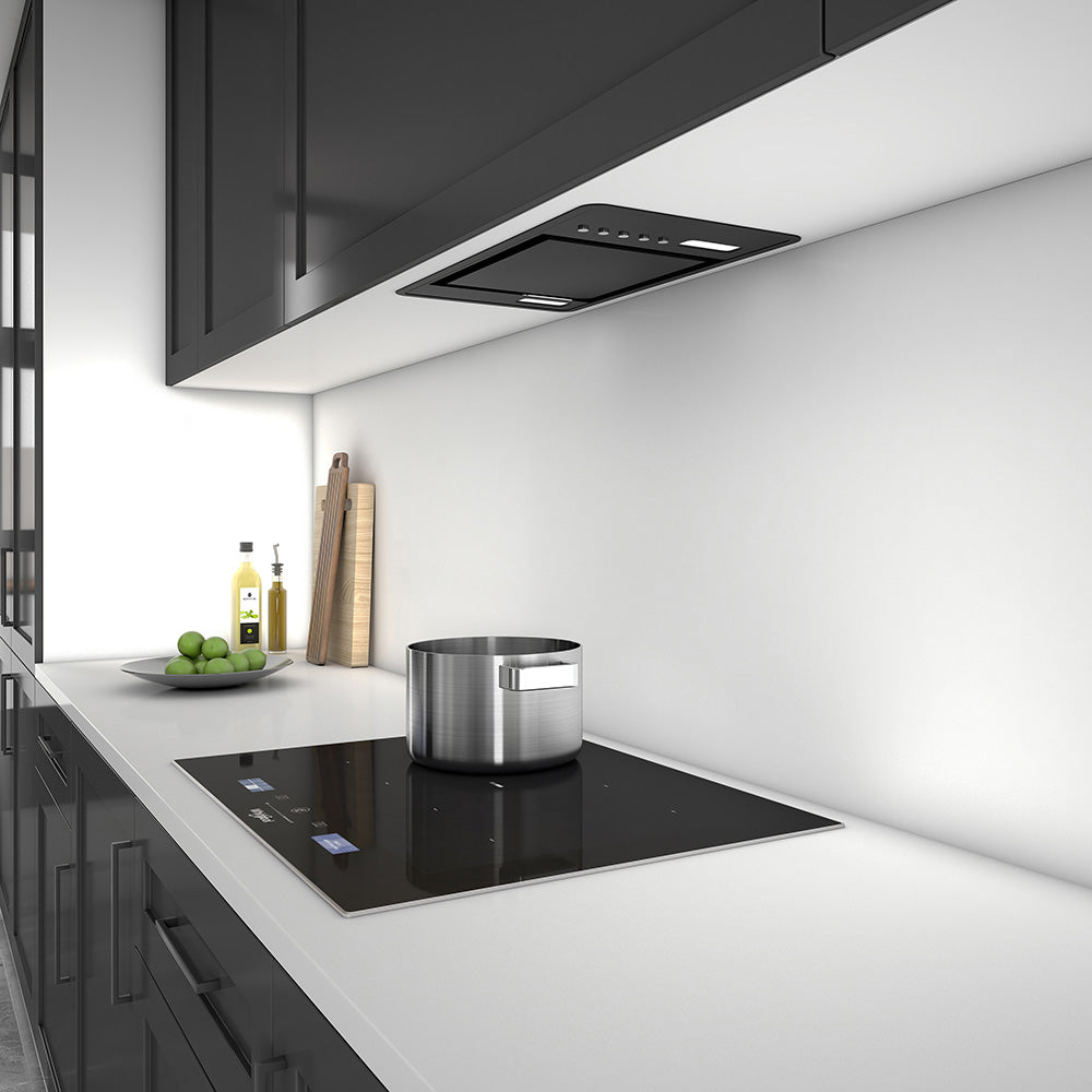 520mm 'Aria' Black Glass-Finish Undermount Rangehood with Single Onboa